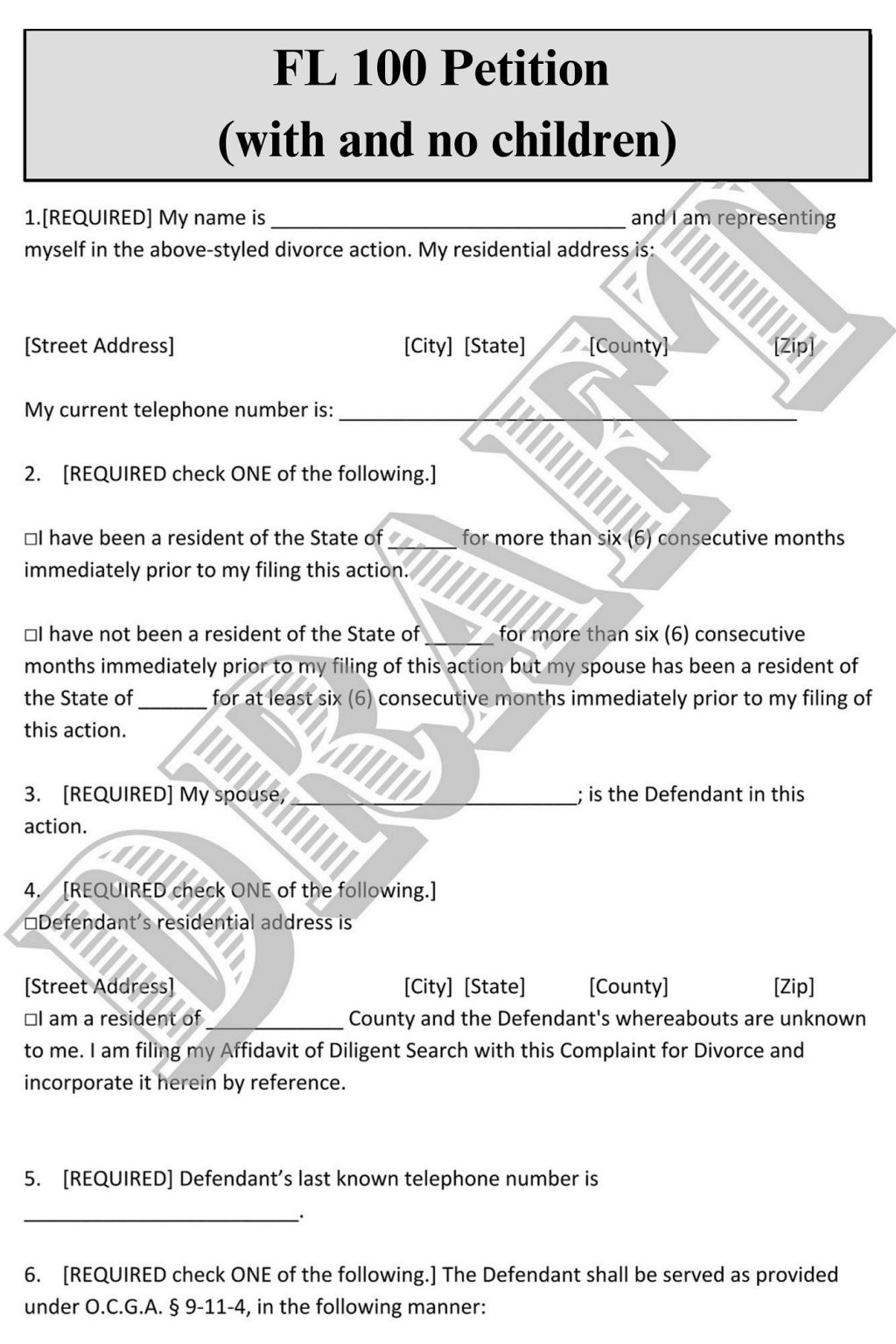 FL 100 Petition (with and no children) Form - OnlineDivorceCalifornia.com